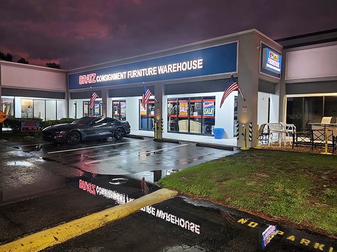 The bright blue sign against Florida's cloud-dotted sky promises treasure hunting that doesn't require a metal detector or wet suit—just comfortable shoes and an eye for bargains.