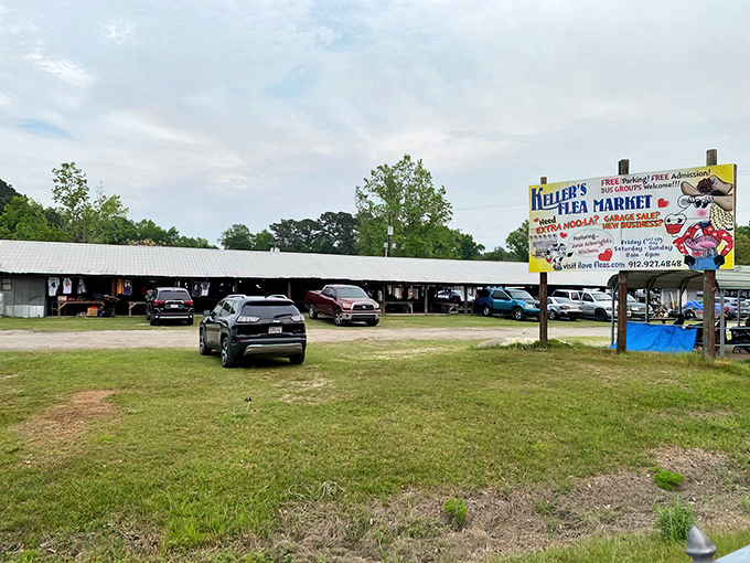 The iconic entrance to Keller's Flea Market stands proud with its colorful flags waving a welcome to treasure hunters and casual browsers alike.