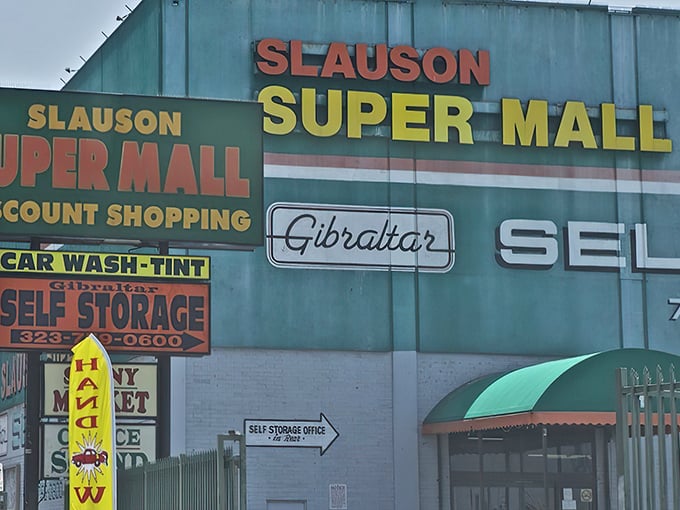 The iconic teal facade of Slauson Super Mall stands as a beacon for treasure hunters. Shopping malls may come and go, but this Los Angeles institution remains gloriously unchanged.