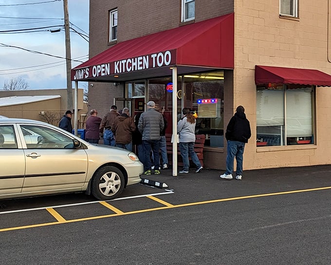 The line outside Jim's Open Kitchen Too isn't just a queue—it's a morning ritual for Streetsboro locals who know breakfast bliss awaits behind that red awning.