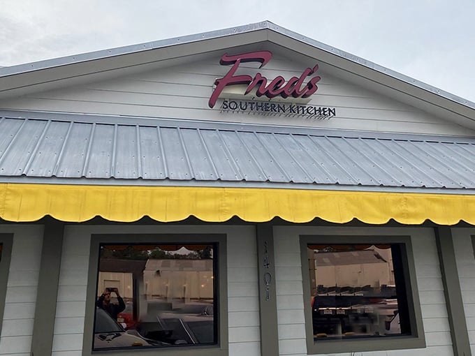 The signature "Fred's Southern Kitchen" sign promises what lies within – authentic Southern cooking that doesn't need fancy frills to impress.