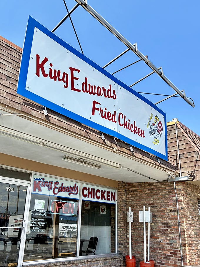 The blue and red sign beckons like a lighthouse for the hungry. King Edwards keeps it simple—when you're this good at chicken, fancy facades are optional.
