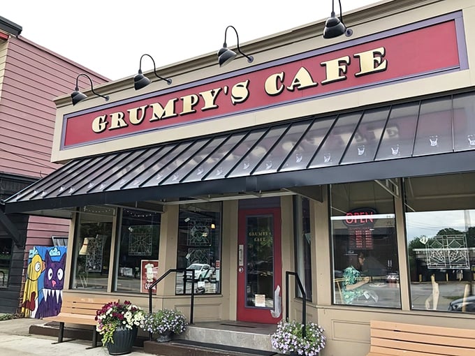 Don't let the name fool you—there's nothing grumpy about this cheerful storefront. The welcoming facade invites you in for comfort food that'll turn any frown upside down.