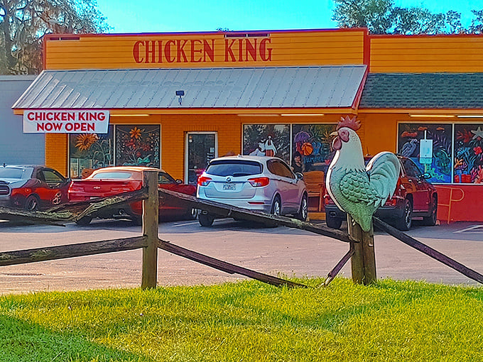 That rooster isn't just decoration—it's a sentinel guarding the gateway to fried chicken nirvana. The colorful windows hint at the personality waiting inside.