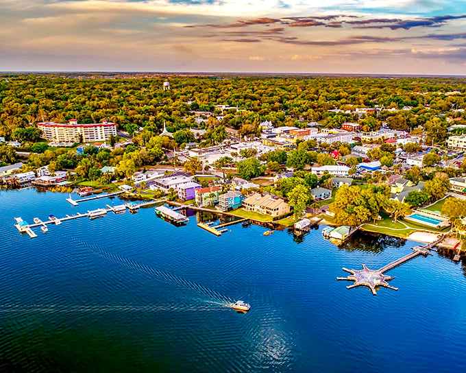 From above, Mount Dora reveals its true character—a patchwork of charming buildings nestled among oak trees, all embracing the sparkling blue waters of Lake Dora.