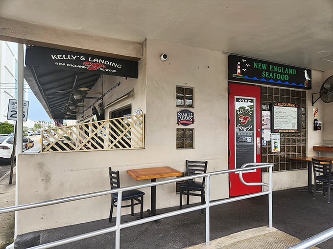The unassuming entrance to seafood paradise. Kelly's Landing's modest exterior hides culinary treasures that would make Neptune himself swim over for dinner.