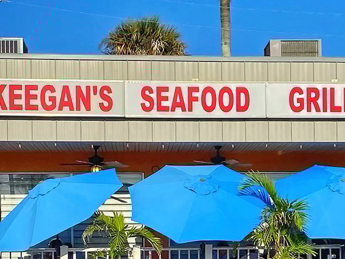 The bright red lettering of Keegan's against the Florida sky is like a beacon for hungry seafood lovers. Those blue umbrellas practically whisper "come sit a while." 