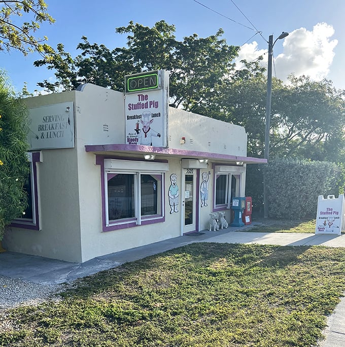 The unassuming white building with purple trim might not scream "culinary destination," but locals know this modest exterior houses breakfast magic worth traveling for.