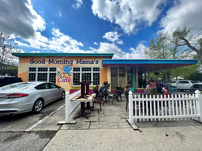 The sunshine-yellow exterior of Good Morning Mama's isn't just a building—it's a mood-altering device that promises delicious things await inside.
