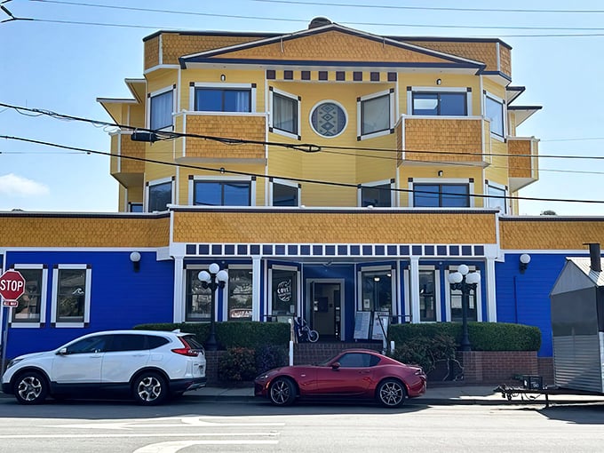 The building's cheerful coastal colors might fool you, but that American flag signals serious business is happening inside those smokers.