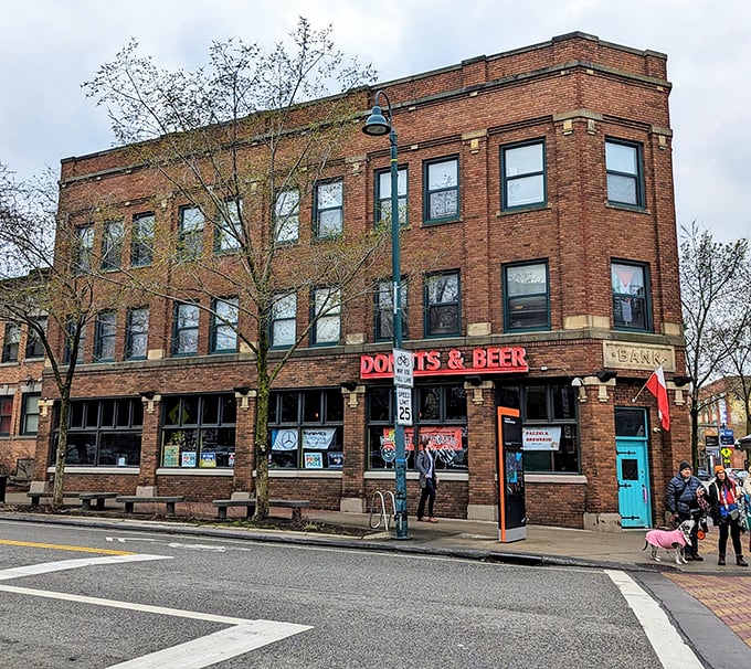 The brick building housing Brewnuts stands proudly in Cleveland's Detroit-Shoreway neighborhood, where "DONUTS & BEER" isn't just a sign—it's a lifestyle philosophy.