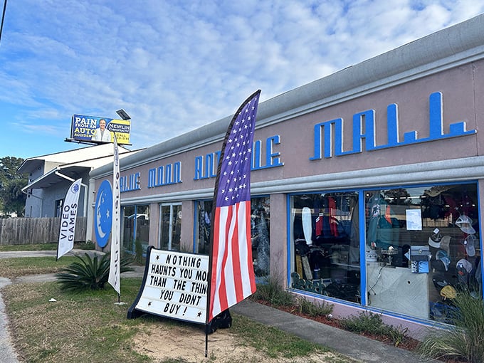 The pink stucco facade with bright blue lettering promises treasures within. That sign outside might as well say "Abandon all sense of time, ye who enter here."
