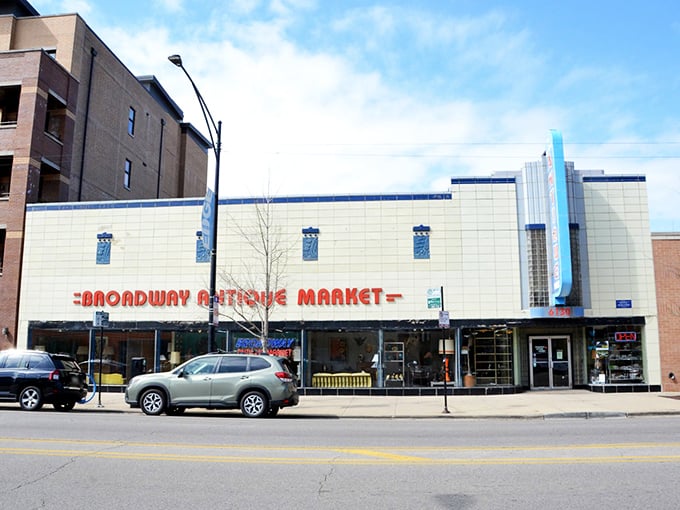 The Art Deco façade of Broadway Antique Market stands like a mid-century beacon in Chicago's Edgewater neighborhood, promising treasures within.
