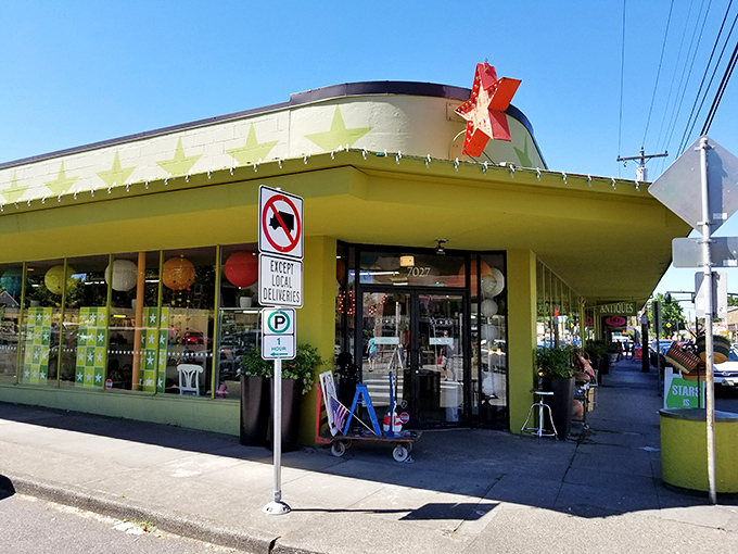 The lime green facade with its parade of stars isn't just eye-catching—it's practically screaming "treasures inside!" like a carnival barker with impeccable taste.