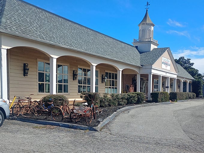 The stately exterior of Carriage House beckons with its distinctive cupola and charming vintage bicycles – like a Southern mansion that decided to open its doors to treasure hunters.