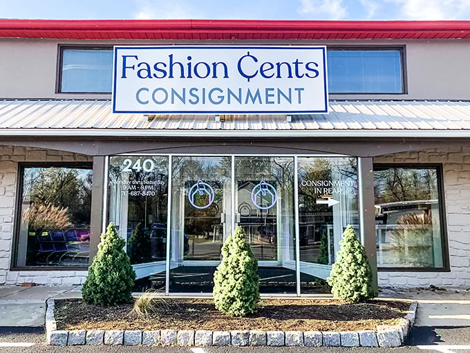 The welcoming storefront of Fashion Cents Consignment beckons bargain hunters with its clean lines and inviting entrance—Pennsylvania thrift shopping at its finest.