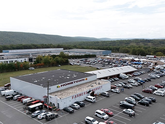From this aerial view, Hometown Farmers Market looks like a bargain hunter's promised land. Wednesday's parking lot tells the real story—this place is Pennsylvania-popular for good reason.
