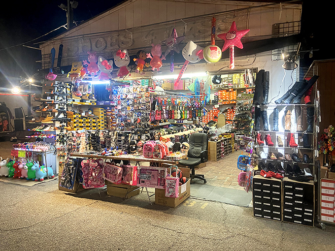 Night falls but the shopping never stops. This toy vendor's stall glows like a neon-lit wonderland of childhood dreams and parental budget negotiations.