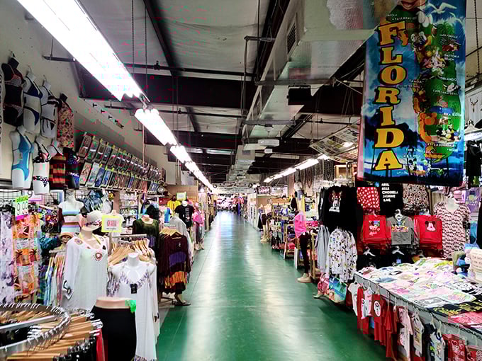 The iconic green-floored corridors of Main Gate Flea Market stretch like a bargain hunter's yellow brick road, promising treasures at every turn.