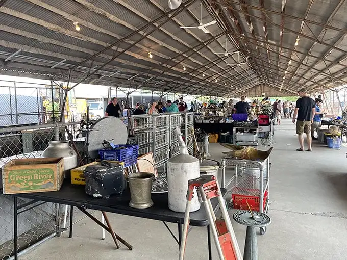 Under metal pavilions, treasure hunters scan tables loaded with vintage finds—where yesterday's everyday items become tomorrow's conversation pieces.