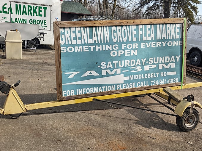 The market's vintage sign promises "Something for Everyone" – a modest understatement for what awaits treasure hunters every weekend.