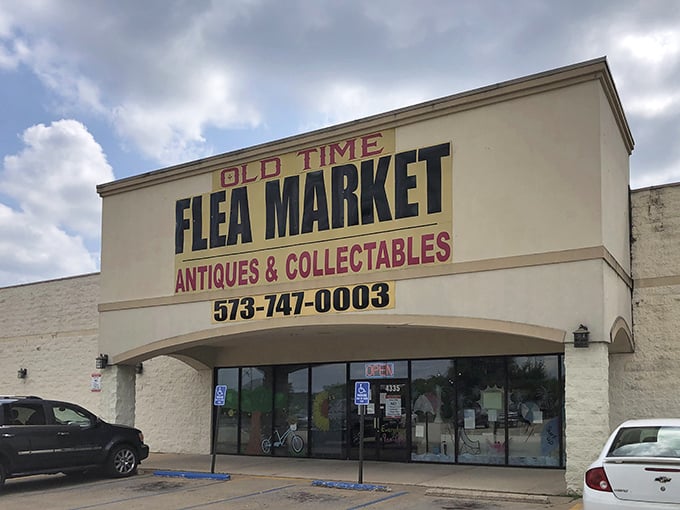 The unassuming exterior of Old Time Flea Market hides a treasure trove within—like finding out your quiet neighbor was once in a rock band.