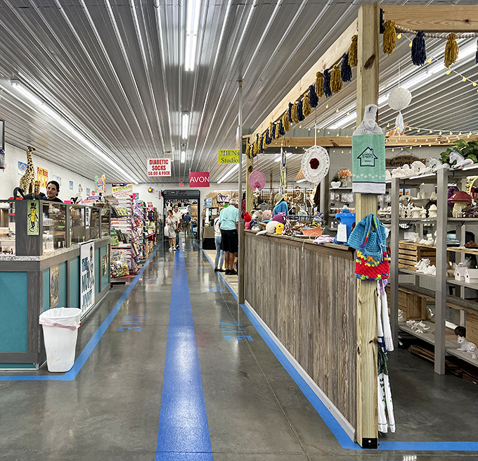 Blue lines on concrete floors aren't just for navigation—they're treasure maps leading to your next "why didn't I buy that?" moment.
