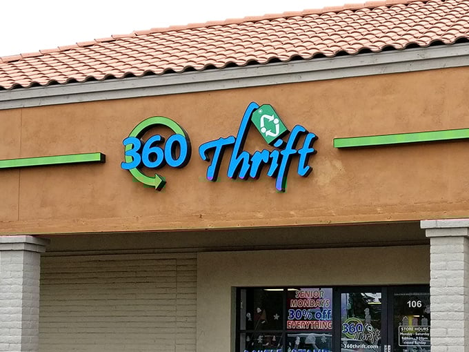 The bright blue and green signage of 360 Thrift beckons like a siren call to bargain hunters across Mesa. Treasure awaits!