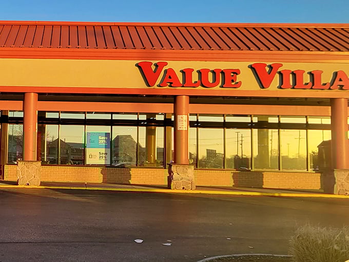 Morning sunlight bathes the Value Village storefront, promising a day of discovery where one person's castoffs become another's prized possessions.