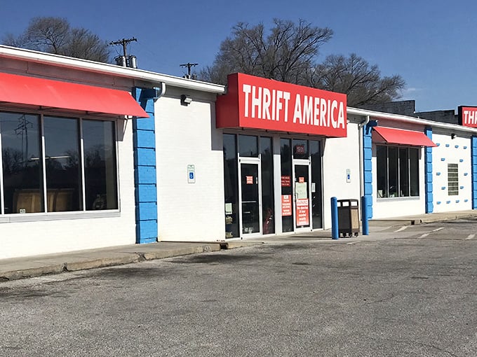 That bold red sign isn't just announcing a store – it's declaring a treasure hunting headquarters.