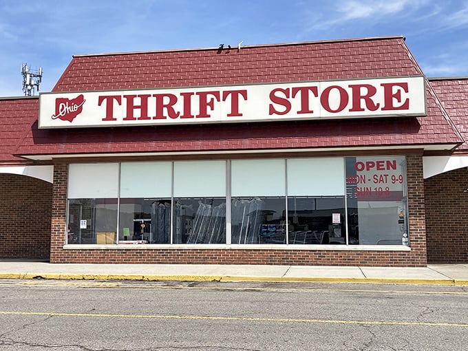 The iconic red-roofed Ohio Thrift Store on East Broad Street stands ready to welcome bargain hunters like a retail Narnia for the budget-conscious.