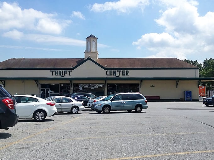 The iconic clock tower atop Prime Thrift's classic storefront beckons bargain hunters like a lighthouse for the frugally fashionable.
