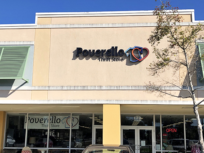 The unassuming exterior of Poverello 2 Thrift Store in Pompano Beach – where retail therapy meets actual therapy through community support.