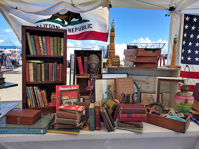 A literary treasure trove awaits! Vintage books and California pride on display, where someone's discarded classics become your next conversation starter.