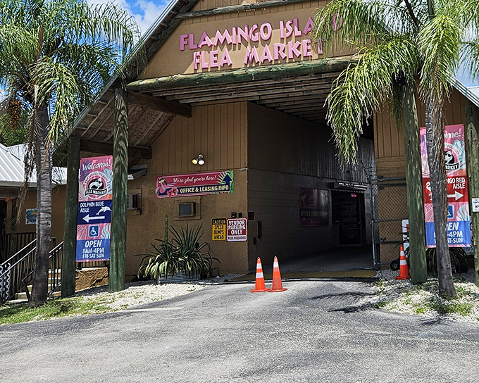The iconic pink flamingo sign welcomes treasure hunters to this Bonita Springs institution, where Florida's version of retail therapy awaits behind those palm-flanked doors.