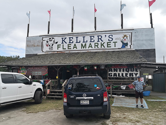 The gateway to treasure hunting paradise! Keller's rustic facade with its colorful flags promises adventures in bargain-hunting that'll make your wallet sing with joy.