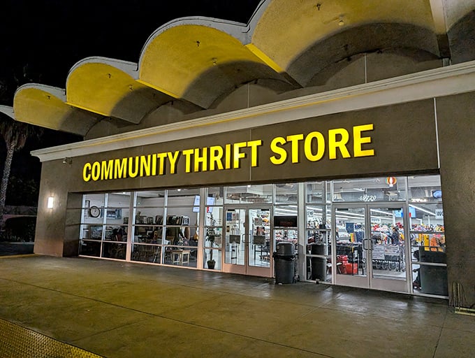 The distinctive wavy roof of Community Thrift Store stands out like a mid-century modern treasure chest waiting to be opened.
