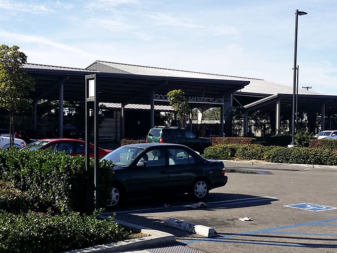 The sprawling exterior of Goodwill Marketplace beckons like a treasure island in a sea of asphalt. Adventure awaits under that industrial canopy.