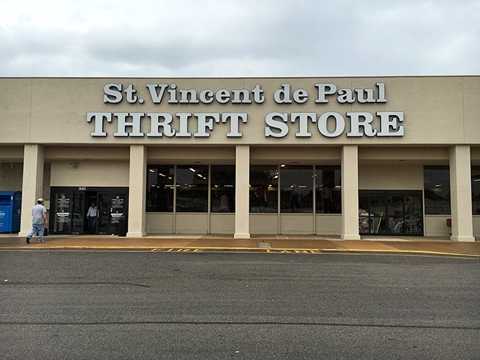 The unassuming exterior of St. Vincent de Paul Thrift Store in St. Louis – where treasure hunters begin their quest for secondhand gold.