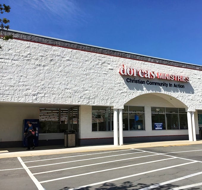 The unassuming exterior of Dorcas Ministries hides a treasure trove within. Like finding an entire amusement park inside what looks like a regular ticket booth!
