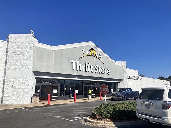 Under clear blue skies, TROSA's welcoming storefront beckons bargain hunters with the promise of discoveries that won't break the bank.
