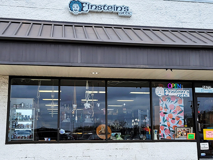 Einstein's Attic storefront beckons with the promise of treasures within. The unassuming strip mall location hides a wonderland of secondhand delights waiting to be discovered.