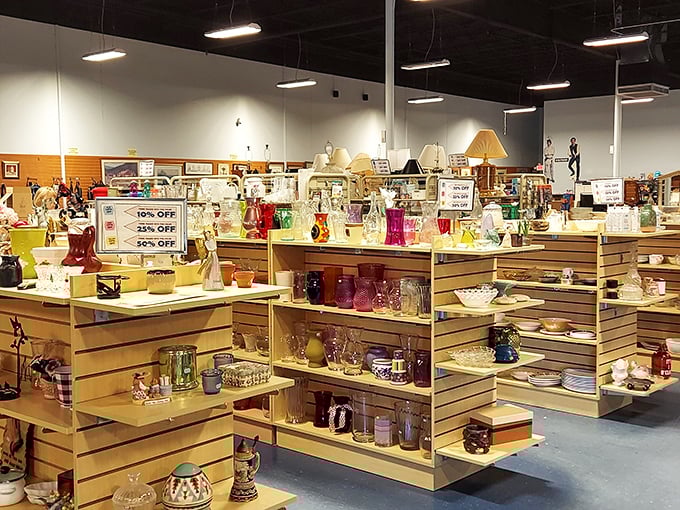 The housewares section at Blue Mountain Thrift Store is a treasure hunter's paradise where vintage glassware and quirky decor await their second chance at stardom.