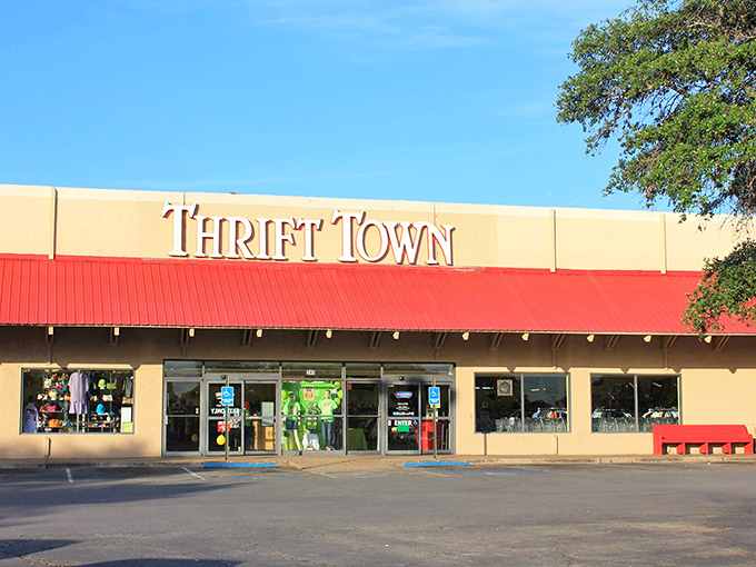 Beige walls, red awning, and endless possibilities – Thrift Town's exterior might be humble, but inside lies a universe of secondhand wonders.