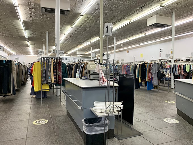 Inside Fan Tastic Thrift Store, racks of hanging clothes transform the space into a wonderland for bargain hunters—every aisle holds a delightful surprise.