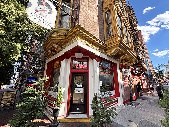 The corner time machine beckons with its vintage charm. This brick beauty in Philadelphia's Old City neighborhood promises sweet nostalgia with every scoop.