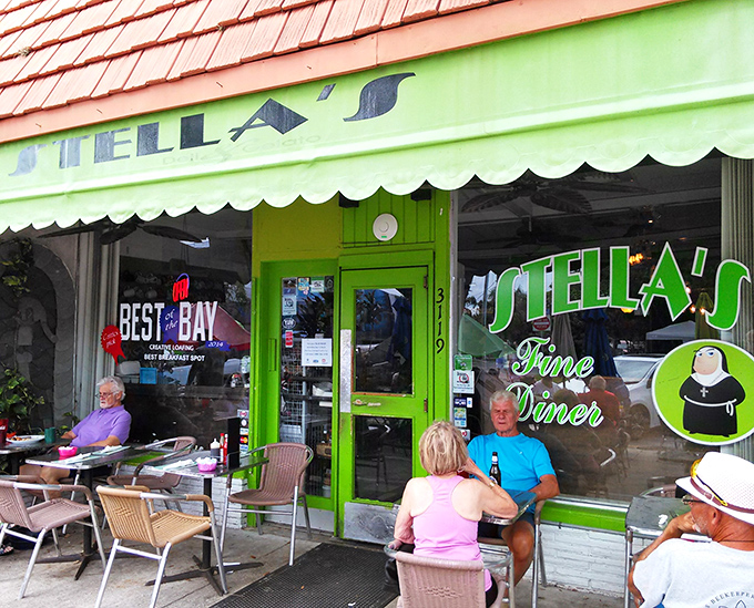 Lime green isn't just a color at Stella's—it's a declaration of breakfast independence. The cheerful exterior promises culinary adventures beyond the ordinary.