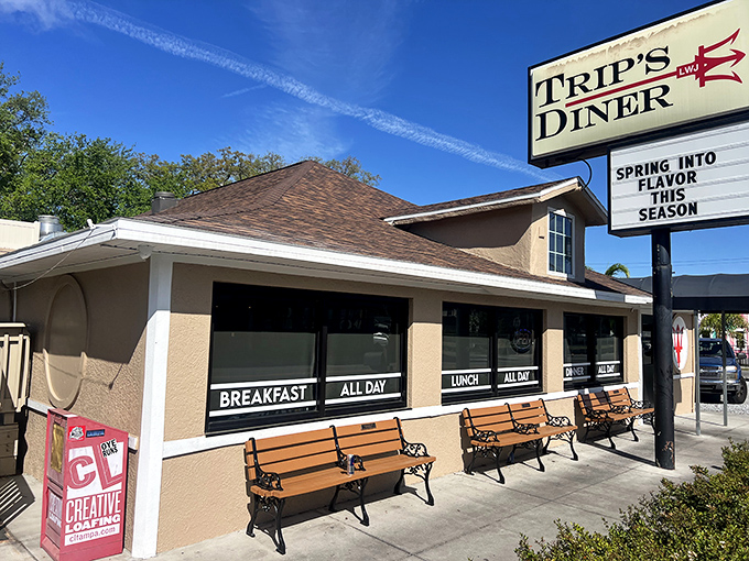 The iconic Trip's Diner exterior beckons with its promise of "BREAKFAST ALL DAY" – four words that might be the most beautiful in the English language.