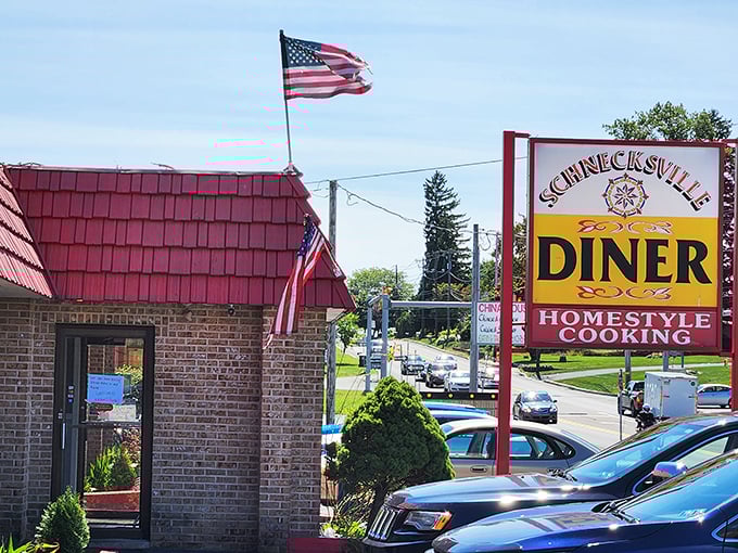 The classic red roof and American flag announce your arrival at comfort food paradise. This isn't just a meal stop—it's a Pennsylvania institution.