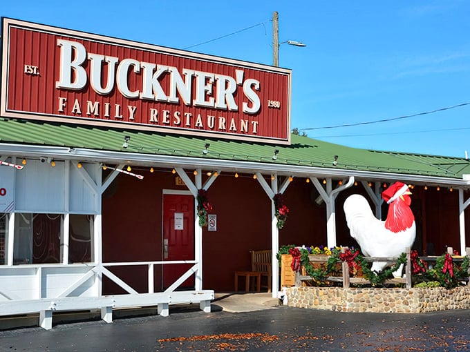 The red barn exterior with its giant rooster sentinel isn't just a restaurant—it's a Southern food embassy where calories don't count and diet plans go to die.